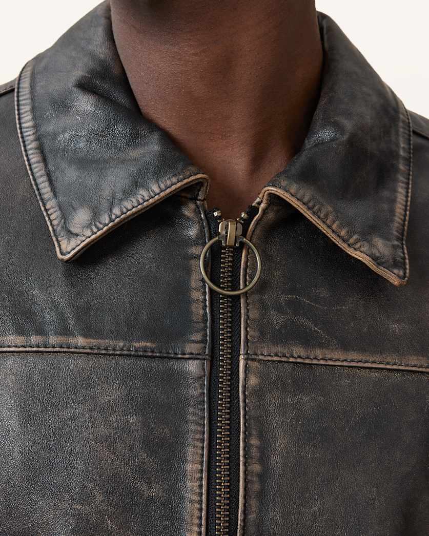 Alkan Zip Up Two Tone Leather Jacket Vintage Black | ALLSAINTS US